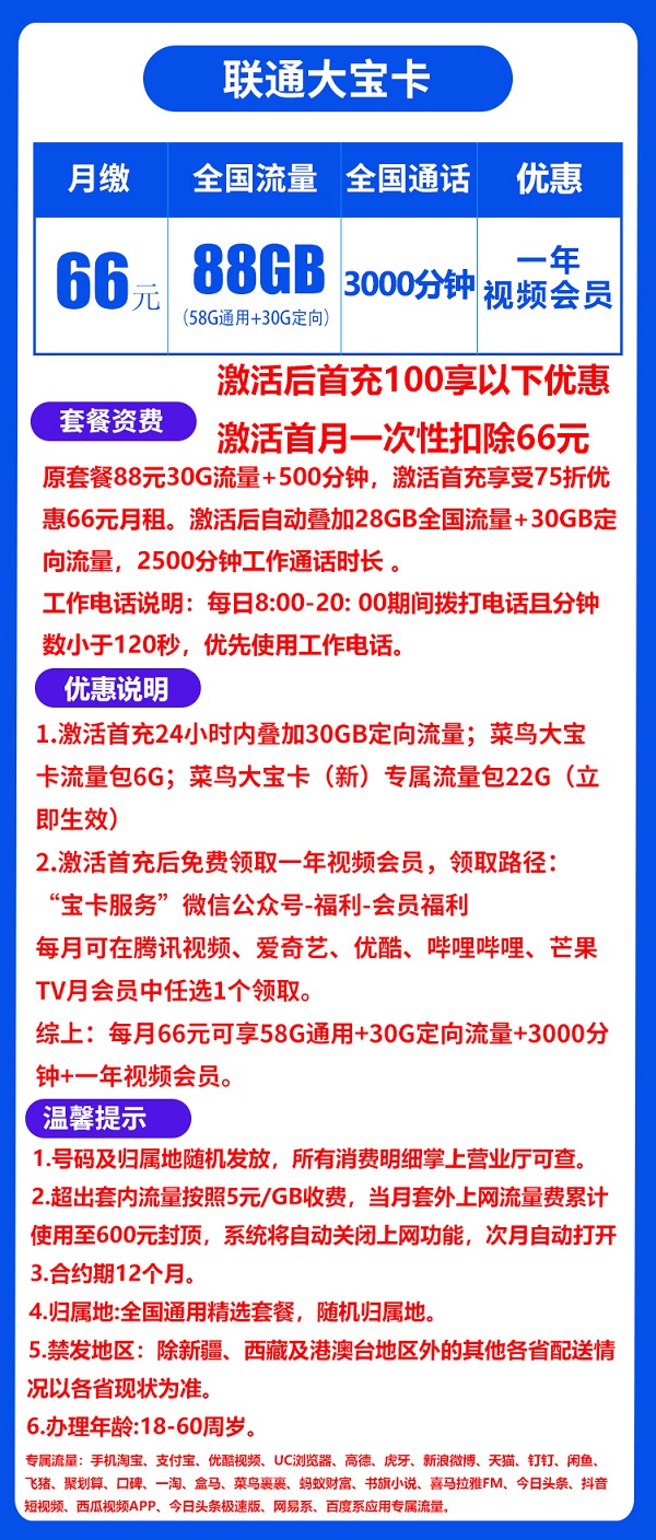 联通大宝卡66元88G+3000分钟（长期套餐，一年视频会员）